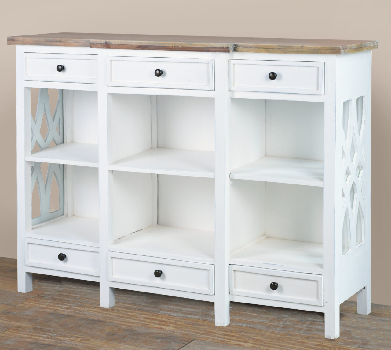 Cottage Glazed Display Console – White & Driftwood Top - Sunset Trading